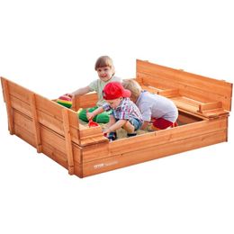 Vevor - Sandkasten aus Holz, 132 x 120 x 43 cm, Sandkasten mit klappbaren Sitzbänken und Bodeneinlage, Sandkasten aus Naturholz für Kinder für den