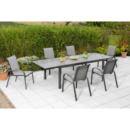 Garten-Essgruppe Merxx "Amalfi", grau (anthrazit, anthrazit, grafit), Polyester, Aluminium, Polyester, Sicherheitsglas, Sitzmöbel-Sets, 6 Stapelsessel, Ausziehtisch 110x 200-300 cm