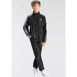 Trainingsanzug adidas Sportswear "ESSENTIALS 3-STREIFEN WOVEN", Kinder, Gr. 140, schwarz (schwarz, mgh solid grau), Obermaterial: 100% Polyester, clean, sportlich, Sportanzüge