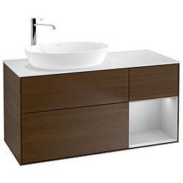Villeroy & Boch Villeroy und Boch Finion Waschtischunterschrank F931GJGN 120cm, Abdeckplatte white matt, Regale Light grey matt lacquer, Walnut veneer