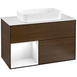 Villeroy & Boch Villeroy und Boch Finion Waschtischunterschrank G241GFGN 100cm, Abdeckplatte white matt, Emotion, Regal links Glossy white lacquer, Walnut veneer