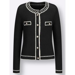 WITT Damen Feinstrickjacke mit Zierperlen, gestrickt, schwarz-champagner-gemustert, Gr&ouml;&szlig;e 40