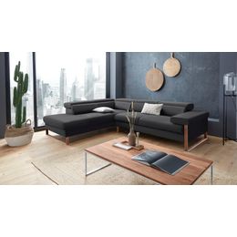 Ecksofa W.Schillig "finn, Designsofa mit tollem Sitzkomfort, bequem, L-Form", schwarz (schwarz z59), B:281cm H:71cm T:230cm, Flachgewebe S22 (100% Polyester);Stoff S37 (100% Polyester);Longlife Xtra-Leder Z59: Glattleder mit modischer Pr&auml;gung. Hautst&auml;rke 0, 9 - 1, 1 mm, Sofas, Ecksofa, German Design Award 2016, Fu&szlig;gestell Nussbaum natur, Breite 281 cm