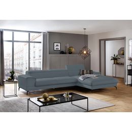 Ecksofa W.Schillig "piedroo, Designsofa mit tollem Sitzkomfort, bequem, L-Form", blau (blau z69), B:343cm H:70cm T:193cm, Longlife Xtra-Leder Z69: Das feinnarbige, gedeckte Softleder Z69 besticht durch seine au&szlig;ergew&ouml;hnliche Weichheit im trendigen &raquo;Vintage-Look&laquo;, Hautst&auml;rke 0, 9 - 1, 1 mm, Sofas, Ecksofa, Kopfteilverstellung, wahlweise mit Sitztiefenverstellung, Breite 343cm