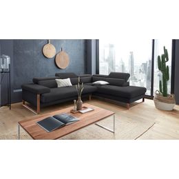 Ecksofa W.Schillig "finn, Designsofa mit tollem Sitzkomfort, bequem, L-Form", schwarz (schwarz z59), B:281cm H:71cm T:230cm, Flachgewebe S22 (100% Polyester);Stoff S37 (100% Polyester);Longlife Xtra-Leder Z59: Glattleder mit modischer Pr&auml;gung. Hautst&auml;rke 0, 9 - 1, 1 mm, Sofas, Ecksofa, German Design Award 2016, Fu&szlig;gestell Nussbaum natur, Breite 281 cm