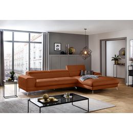 Ecksofa W.Schillig "piedroo, Designsofa mit tollem Sitzkomfort, bequem und elegant, L-Form", braun (cognac z69), B:343cm H:70cm T:193cm, Longlife Xtra-Leder Z69: Das feinnarbige, gedeckte Softleder Z69 besticht durch seine au&szlig;ergew&ouml;hnliche Weichheit im trendigen &raquo;Vintage-Look&laquo;, Hautst&auml;rke 0, 9 - 1, 1 mm, Sofas, Ecksofa, Kopfteilverstellung, wahlweise mit Sitztiefenverstellung, Breite 343cm