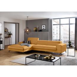 Ecksofa W.Schillig "piedroo, Designsofa mit tollem Sitzkomfort, bequem, L-Form", gelb (kurkuma z69), B:343cm H:70cm T:193cm, Longlife Xtra-Leder Z69: Das feinnarbige, gedeckte Softleder Z69 besticht durch seine au&szlig;ergew&ouml;hnliche Weichheit im trendigen &raquo;Vintage-Look&laquo;, Hautst&auml;rke 0, 9 - 1, 1 mm, Sofas, Ecksofa, Kopfteilverstellung, wahlweise mit Sitztiefenverstellung, Breite 343cm
