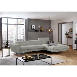 Ecksofa W.Schillig "piedroo, Designsofa mit tollem Sitzkomfort, bequem, L-Form", grau (stone r66), B:343cm H:70cm T:193cm, Chenille-Flachgewebe R66 (85% Polyester, 15% Nylon), Sofas, Ecksofa, Kopfteilverstellung, wahlweise mit Sitztiefenverstellung, Breite 343cm