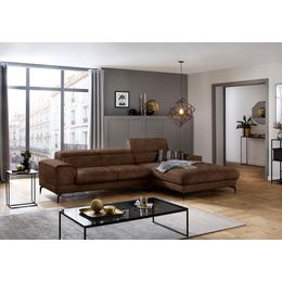 Ecksofa W.Schillig "piedroo, Designsofa mit tollem Sitzkomfort, L-Form", braun (chocolate s37), B:303cm H:70cm T:193cm, Stoff S37 (100% Polyester): Luxus-Microfaser in Lederoptik, Sofas, Ecksofa, Kopfteilverstellung, wahlweise mit Sitztiefenverstellung, Breite 303cm