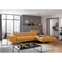Ecksofa W.Schillig "piedroo, Designsofa mit tollem Sitzkomfort, elegant und bequem, L-Form", gelb (kurkuma z69), B:343cm H:70cm T:193cm, Longlife Xtra-Leder Z69: Das feinnarbige, gedeckte Softleder Z69 besticht durch seine au&szlig;ergew&ouml;hnliche Weichheit im trendigen &raquo;Vintage-Look&laquo;, Hautst&auml;rke 0, 9 - 1, 1 mm, Sofas, Ecksofa, Kopfteilverstellung, wahlweise mit Sitztiefenverstellung, Breite 343cm