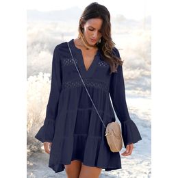 Longbluse Lascana, Damen, Gr. 32/34, blau (marine), Web, Obermaterial: 100% Viskose. Spitze: 100% Baumwolle, modisch, figurumspielend kurz, V-Ausschnitt, Langarm Volant, Blusen, mit Spitzeneinsätzen, Tunika, Blusenkleid, Strandmode