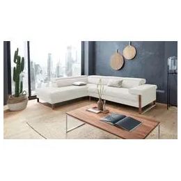 Ecksofa W.Schillig "finn, Designsofa mit tollem Sitzkomfort, bequem, L-Form", weiß (weiß z59), B:281cm H:71cm T:230cm, Flachgewebe S22 (100% Polyester), Stoff S37 (100% Polyester), Longlife Xtra-Leder Z59: Glattleder mit modischer Prägung. Hautstärke 0, 9 - 1, 1 mm, Sofas, German Design Award 2016, Fußgestell Nussbaum natur, Breite 281 cm