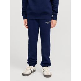 Jack & Jones Trainingshose JACK & JONES JUNIOR "JPSTGORDON JJVESTERBRO CUFFED NOOS JNR", Jungen, Gr. 140, N-Gr, blau (ocean cavern), angeraute Sweatware, Obermaterial: 70% Baumwolle, 30% Polyester, bedruckt, modisch, regular fit knöchellang, Hosen