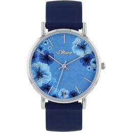 Quarzuhr s.Oliver, blau (dunkelblau), Armbanduhren, Damen, Armbanduhr, Damenuhr, analog, Blumen, Silikonarmband