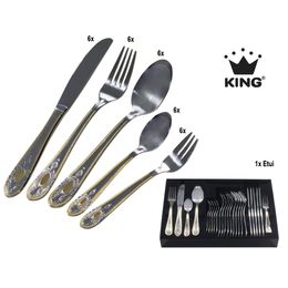 Besteck-Set King "»VIERAILLA GOLD«", silber (edelstahlfarben), 31 tlg., Edelstahl 18/0, Essbesteck-Sets, mit Dekor in Gold-Optik, inkl. Etui