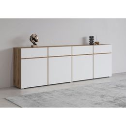 Sideboard Inosign "Cross,Breite 225 cm, moderne grifflose Kommode,4 Türen/4 Schubkästen", weiß (wotan eiche, weiß), B:225cm H:78,3cm T:40cm, FSC-zertifizierter Holzwerkstoff, Melamin, Sideboards, Schubladenschrank mit viel Stauraum, Einlegeböden verstellbar