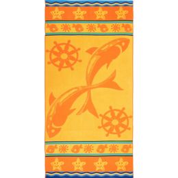 Gözze Strandtuch GÖZZE "Sharks", gelb (gelb, orange), B:90cm L:180cm, Jacquard-Velours, Obermaterial: 100% Baumwolle, Handtücher (Packung), Badetuch, maritimes Motiv, reine Baumwolle