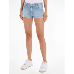 Shorts Tommy Jeans "HOT PANT BH0014", Damen, Gr. 29, N-Gr, blau (denim light), Denim/Jeans, Obermaterial: 100% Baumwolle, unifarben, casual, schmal, Hosen, mit leicht ausgefranstem Saum