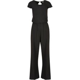 Jumpsuit Urban Classics "Urban Classics Damen Ladies Rib Wid Leg Jumpsuit", Damen, Gr. L, US-Größen, schwarz, 95% Polyester, 5% Elasthan, unifarben, loose fit, Rundhals, Kurzarm, Overalls