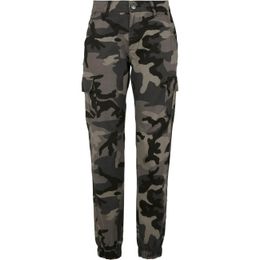 Cargohose Urban Classics "Urban Classics Damen Ladies High Waist Camo Cargo Pants", Damen, Gr. 26, Normalgrößen, grün (schwarzcamouflage), 98% Baumwolle, 2% Elasthan, normal, Hosen