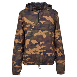 Windbreaker Urban Classics "Urban Classics Damen Ladies Camo Pull Over Jacket", Damen, Gr. XS, grün (woodcamo), 100% Polyester, mehrfarbig, klassisch, normal, ohne Ausschnitt, Langarm, Jacken