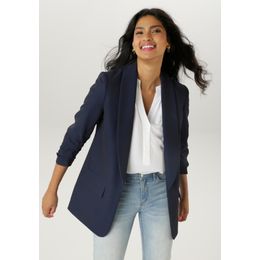 Longblazer Aniston SELECTED, Damen, Gr. 36, blau (marine), Web, Obermaterial: 95% Polyester, 5% Elasthan. Futter: 100% Polyester, unifarben, modisch, lässig geschnitten hüftbedeckend, Langarm, Blazer, mit modischem Reverskragen und gerafften Ärmeln - NEUE KOLLEKTION, Topseller