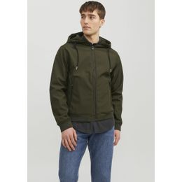 Jack & Jones Softshelljacke JACK & JONES "JJEBASIC SOFTSHELL HOOD NOOS", Herren, Gr. S, grün (rosin), Web, Obermaterial: 100% Polyester, unifarben, modisch, regular fit, hoch geschlossener Ausschnitt, Langarm Bündchen, Jacken