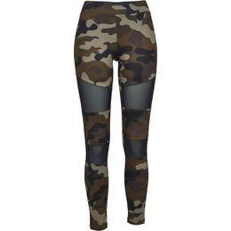 Leggings Urban Classics "Urban Classics Damen Ladies Camo Tech Mesh Leggings", Damen, Gr. L, US-Größen, grün (woodcamo, schwarz), 77% Polyester, 23% Elasthan, skinny fit, Hosen