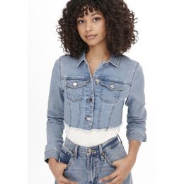 Jeansjacke Only "ONLWONDER LS CROPPED DNM JACKET GUA NOOS", Damen, Gr. L (40), blau (light blau denim), Web, Denim/Jeans, Obermaterial: 70% Baumwolle, 21% Polyester, 8% Viskose, 1% Elasthan, unifarben, modisch, extrakurz, Langarm, Jacken