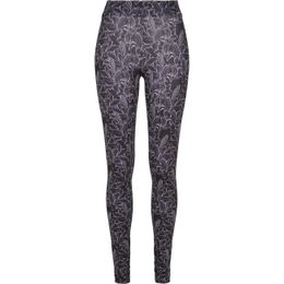 Leggings Urban Classics "Urban Classics Damen Ladies AOP Leggings", Damen, Gr. M, US-Größen, schwarz (hibiscus schwarz), 94% Polyester, 6% Elasthan, unifarben, slim fit, Hosen