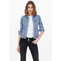 Jeansjacke Only "ONLWONDER DNM JACKET NOOS", Damen, Gr. L (40), blau (light blau denim), Web, Denim/Jeans, Obermaterial: 79% Baumwolle, 20% Polyester, 1% Elasthan, unifarben, casual, sehr figurbetont, Langarm, Jacken, kurze, modische Form