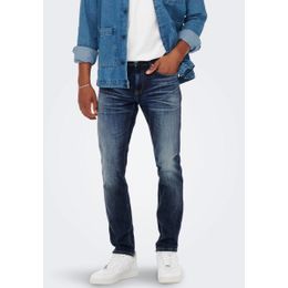 Only & Sons Straight-Jeans ONLY & SONS "ONSWEFT REGULAR WB 0021 TAI DNM NOOS", Herren, Gr. 30, Länge 34, blau (blau denim), Denim/Jeans, Obermaterial: 98% Baumwolle, 2% Elasthan, Abriebeffekte, casual, regular fit lang, Jeans, im 4-Pocket-Style