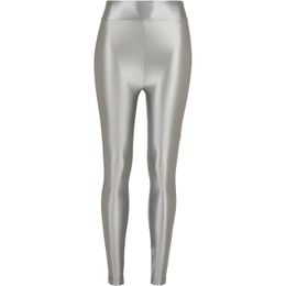 Leggings Urban Classics "Urban Classics Damen Ladies Highwaist Shiny Metallic Leggings", Damen, Gr. L, US-Größen, silber (schwarzsilber), 82% Nylon, 18% Elasthan, unifarben, skinny fit, Hosen