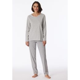 Pyjama Schiesser ""Casual Essentials"", Damen, Gr. 36, grau (202, grau, melange), Single Jersey, Obermaterial: 100% Baumwolle, meliert, gestreift, Basic, bequem lang, V-Ausschnitt, Langarm, Homewear-Sets, mit lässigem Design