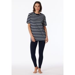 Schlafanzug Schiesser ""Casual Essentials"", Damen, Gr. 36, blau (804, nachtblau), Single Jersey, Obermaterial: 95% Baumwolle, 5% Elasthan, gestreift, Basic, bequem lang, Rundhals, Kurzarm, Homewear-Sets, mit längerem Schnitt und modischen Streifen