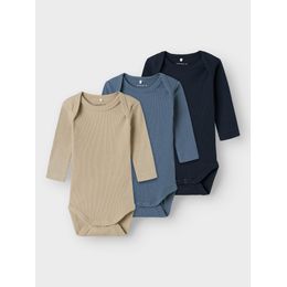 Body name it "NBNBODY 3P LS SOLID RIB", Baby, Gr. 74, N-Gr, blau (china blau), Sweatware, Obermaterial: 100% Baumwolle, bedruckt, casual, regular fit, Rundhals, Langarm, Bodies