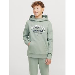 Jack & Jones Kapuzensweatshirt JACK & JONES JUNIOR "JJELOGO SWEAT HOOD 2 COL 24/25 NOOS JNR", Jungen, Gr. 140, grün (iceberg grün), angeraute Sweatware, Obermaterial: 70% Baumwolle, 30% Polyester, bedruckt, modisch, normal, Rundhals, Langarm Rippbündchen, Sweatshirts