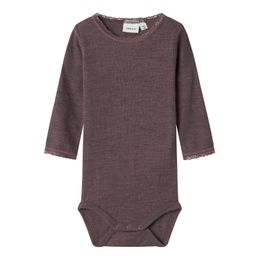 Langarmbody name it "NBFWANG WOOL NEEDLE LS BODY SOLID NOOS", Baby, Gr. 56, N-Gr, braun (sparrow), Strick, Obermaterial: 100% Wolle, unifarben, casual, regular fit, Rundhals, Langarm, Bodies, aus reiner Merinowolle