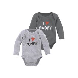 Langarmbody Kidsworld "2er Pack Baby-Bodies, Mummy & Daddy", Baby, Gr. 50/56, N-Gr, grau (anthrazit, grau), Jersey, Obermaterial: 100% Baumwolle. Obermaterial Melange: 95% Baumwolle, 5% Viskose, bedruckt, Basic, Basic, amerikanischer Ausschnitt, Langarm, Bodies, aus Bio-Baumwolle