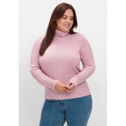 Rollkragenpullover sheego "Große Größen", Damen, Gr. 42, rosa (altrosé), Grobstrick, Obermaterial: 50% Baumwolle, 50% Polyacryl, unifarben, casual, figurbetont kurz, Rundhals, Langarm, Pullover, aus Baumwoll-Mix, mit Rippbündchen