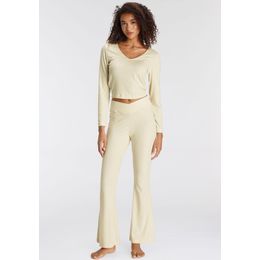 Pyjama Lascana, Damen, Gr. 32/34, beige (ecru), Single Jersey, Obermaterial: 63% Polyester, 33% Viskose, 4% Elasthan, schmal lang, tiefer V-Ausschnitt, Langarm, Homewear-Sets, aus schönem Ripp-Material