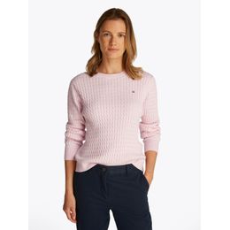 Rundhalspullover Tommy Hilfiger "CO CABLE C-NK LS SWEATER", Damen, Gr. XL (42), rosa (light pink), Strick, Obermaterial: 100% Baumwolle, meliert, casual, regular fit hüftlang, Rundhals, Langarm Rippstrickbündchen, Pullover, mit Zopfmuster