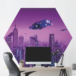 Bilderwelten Hexagon Tapete Fahrzeuge Neon Art Wandtapete violett - Stadt im Neonlicht mit Raumschiffen - Fahrzeuge Jugendzimmer