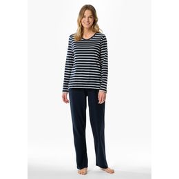 Schlafanzug Schiesser ""Casual Essentials"", Damen, Gr. 40, blau (804, nachtblau), Single Jersey, Obermaterial: 100% Baumwolle, unifarben, gestreift, casual, bequem lang, Rundhals, Langarm, Homewear-Sets, mit angenehmen Bündchen