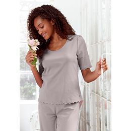 Pyjamaoberteil s.Oliver, Damen, Gr. 32 (34), grau, Rippware, Obermaterial: 92% Baumwolle, 8% Elasthan, unifarben, feminin, bequem kurz, Rundhals, Halbarm Puffärmel Babylock, Shirts, mit Puffärmeln