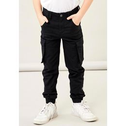 Cargohose name it "NKMRYAN CARGO R TWI PANT 2222-BA NOOS", Jungen, Gr. 122, N-Gr, schwarz, Web, Obermaterial: 98% Baumwolle, 2% Elasthan, unifarben, modisch, relaxed fit normal, Hosen