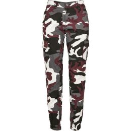 Cargohose Urban Classics "Urban Classics Damen Ladies High Waist Camo Cargo Pants", Damen, Gr. 26, Normalgrößen, bunt (wine camo), 98% Baumwolle, 2% Elasthan, normal, Hosen