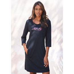 Sleepshirt Lascana, Damen, Gr. 32/34, N-Gr, bunt (schwarz, violett), Single Jersey, Obermaterial: 50% Baumwolle, 50% Viskose, unifarben, bedruckt, Basic, bequem kurz, Rundhals, 3/4-Ärmel, Kleider, mit 3/4-Ärmeln und kleinem Frontprint