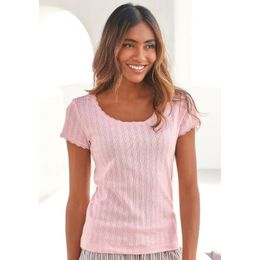 Pyjamaoberteil s.Oliver, Damen, Gr. 32/34, rosa (blassrosa), Feinstrick, Obermaterial: 100% Baumwolle, unifarben, feminin, figurbetont, Rundhals, Kurzarm eng,eingesetzt Spitze, Shirts, aus Ajour-Strick