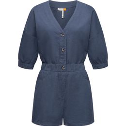 Jumpsuit Ragwear "Ipsie", Damen, Gr. L (40), Normalgrößen, blau (navy), Material: 65% Baumwolle, 35% Leinen, modisch, figurbetont Po-bedeckend, tiefer V-Ausschnitt, Halbarm Ärmel ohne Ärmelschlitz, Overalls, schicker, kurzer Damen Overall in Military-Look